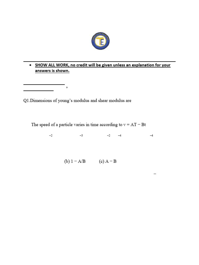 Mechanics & Prop. of Matter Spring 2019 Final Exam | PDF | Force | Momentum