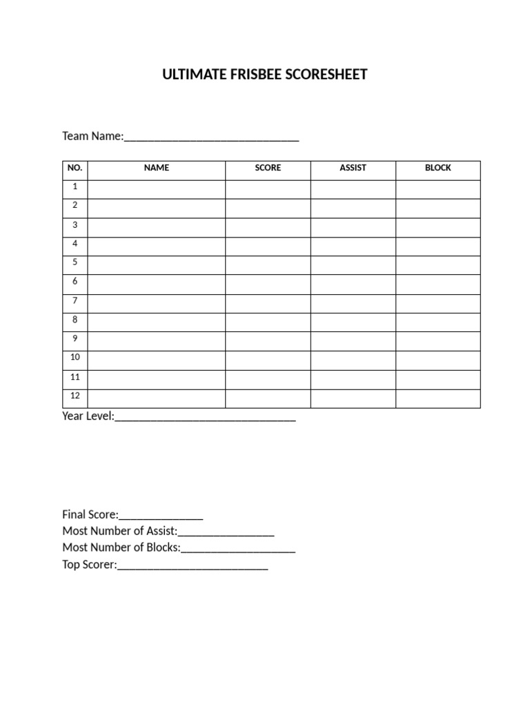Ultimate Frisbee Scoresheet Template | PDF