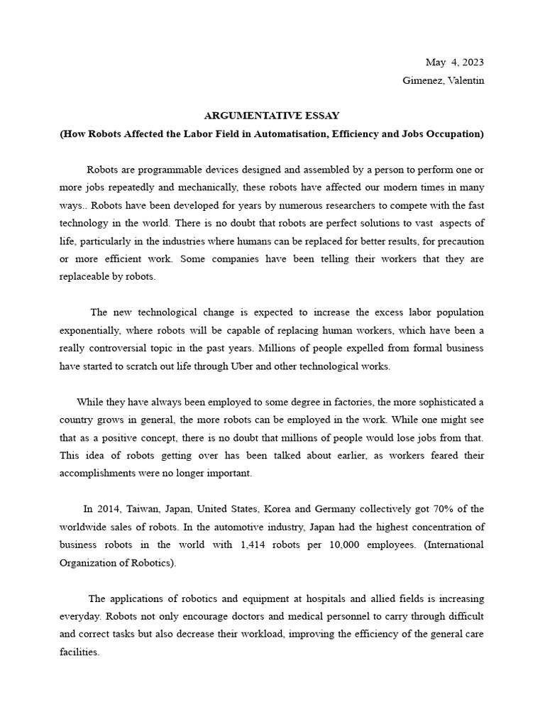 Argumentative Essay (ILAC) Gimenez, Valentin | PDF | Robot | Robotics