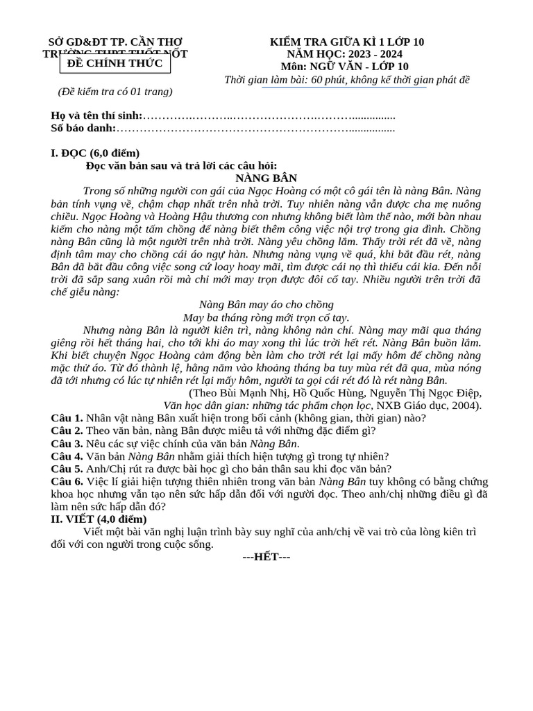 Ngu Van 10 - Chinh Thuc GK1 Năm 2023-2024 | PDF