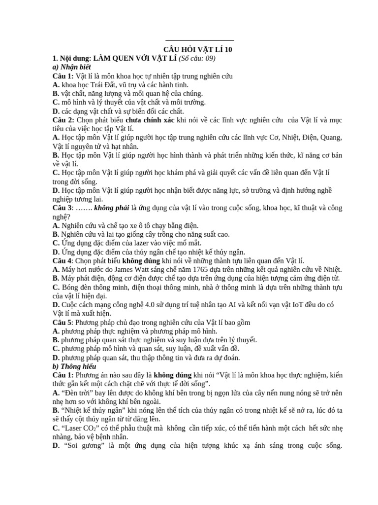 Cau Hoi - Li 10C1 | PDF