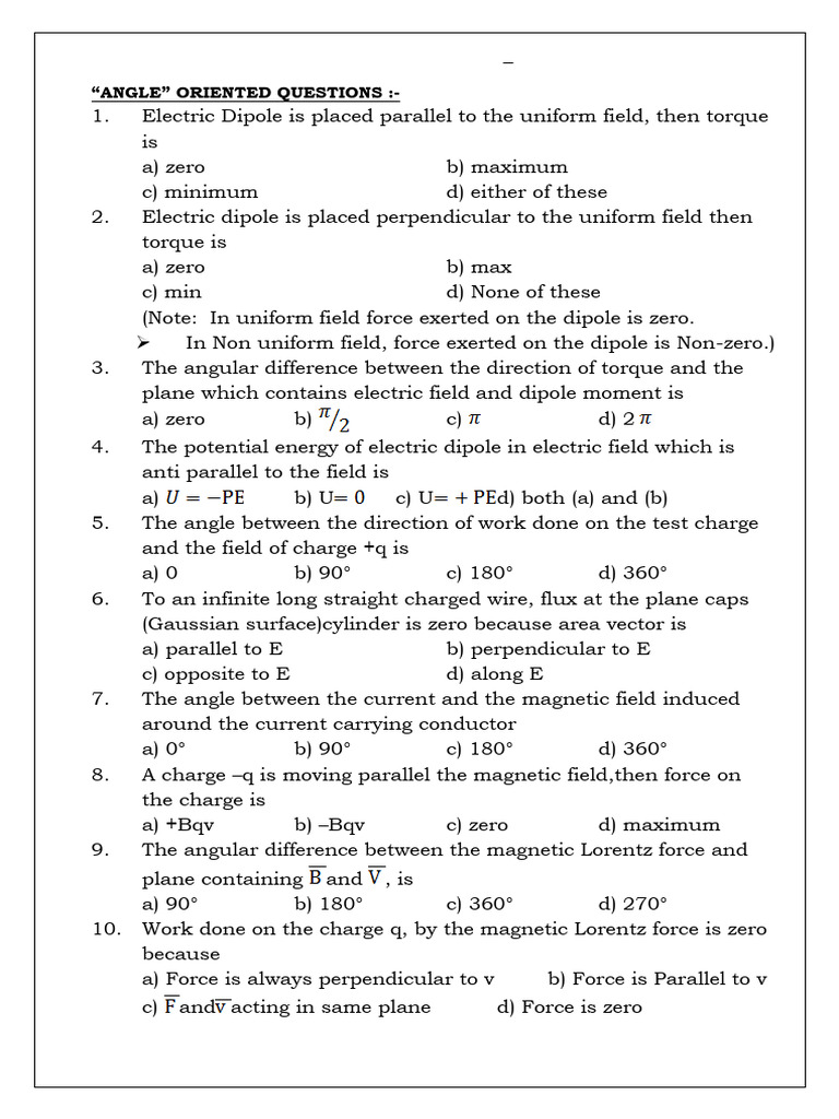 Physics Questions on Electric Dipoles | PDF | Inductor | Electrical ...