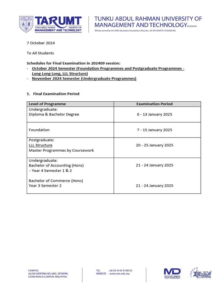 Schedules For Final Exam Nov 2024 Semester | PDF | Bachelor's Degree ...