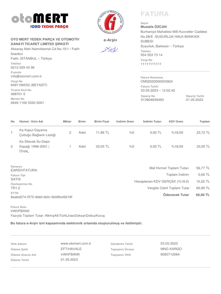 Oto Mert Yedek Parca Ve Otomotiv Sanayi Ticaret Limited Sirketi Fatura 2023 05 03 | PDF