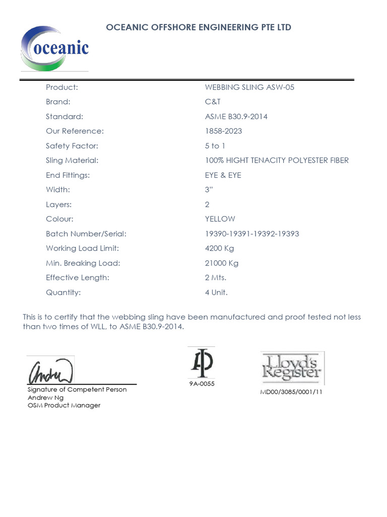 Webbing Sling Mill Test Certificate | PDF