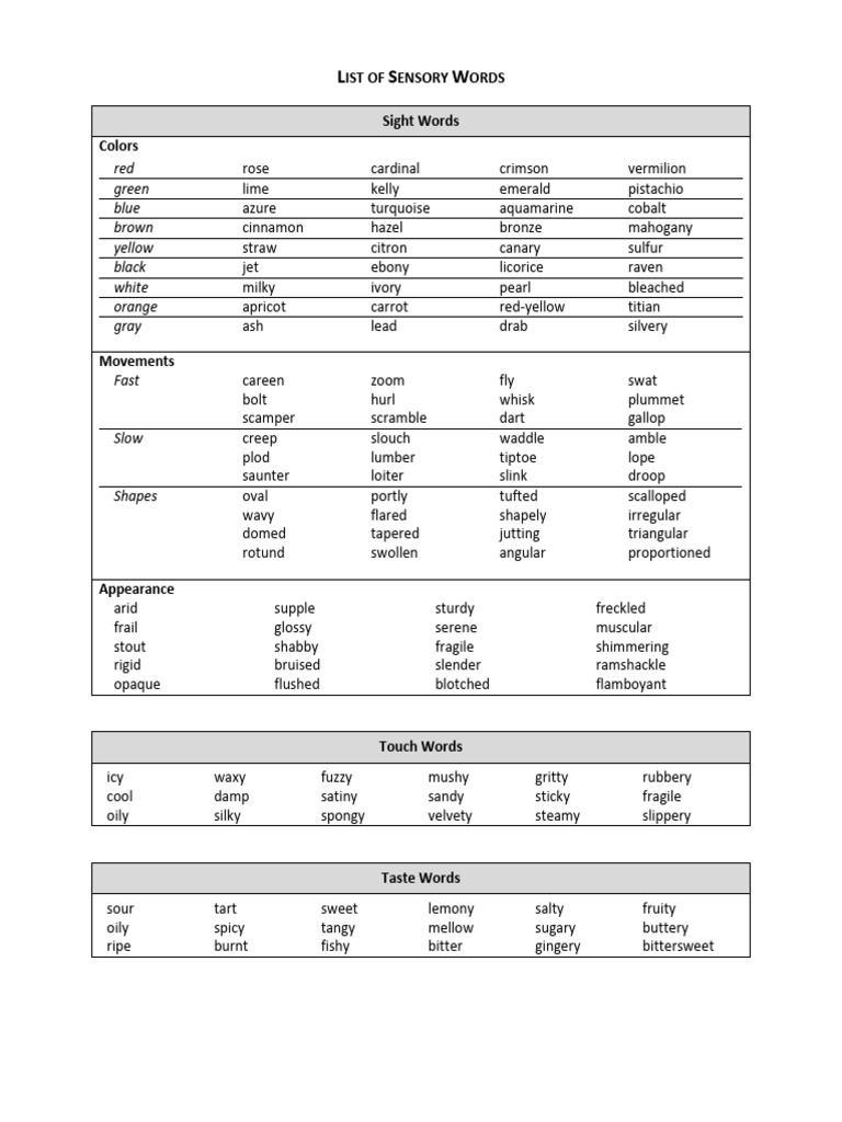 Sensory Words List for Writing | PDF