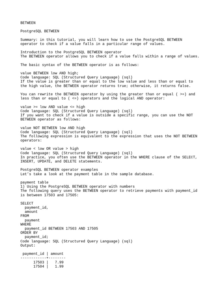 PostgreSQL BETWEEN Operator Guide | PDF | Sql | Databases