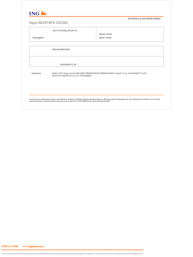 Dekont - ING - 13.09.2024 Tarihli Hesaba EFT | PDF