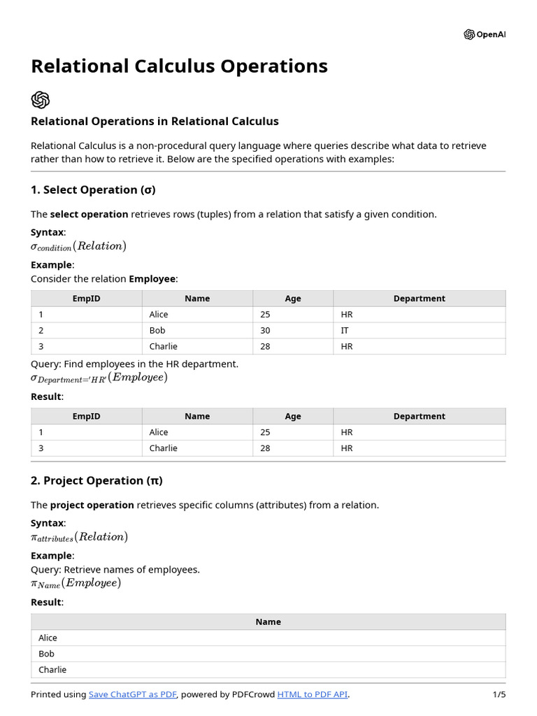 Relational Calculus Operations Explained | PDF | Relational Model | Computer Data