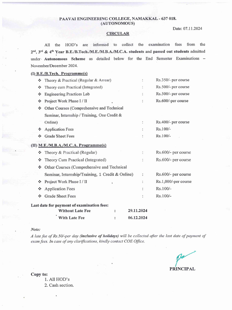 Exam Fee Circular | PDF