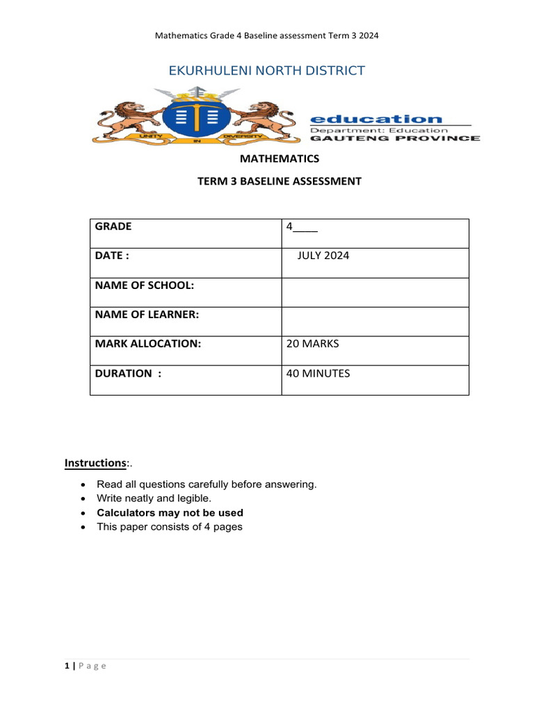 Grade 4 Term 3 Baseline Assessment 2024 (1) - 240626 - 221725 | PDF ...