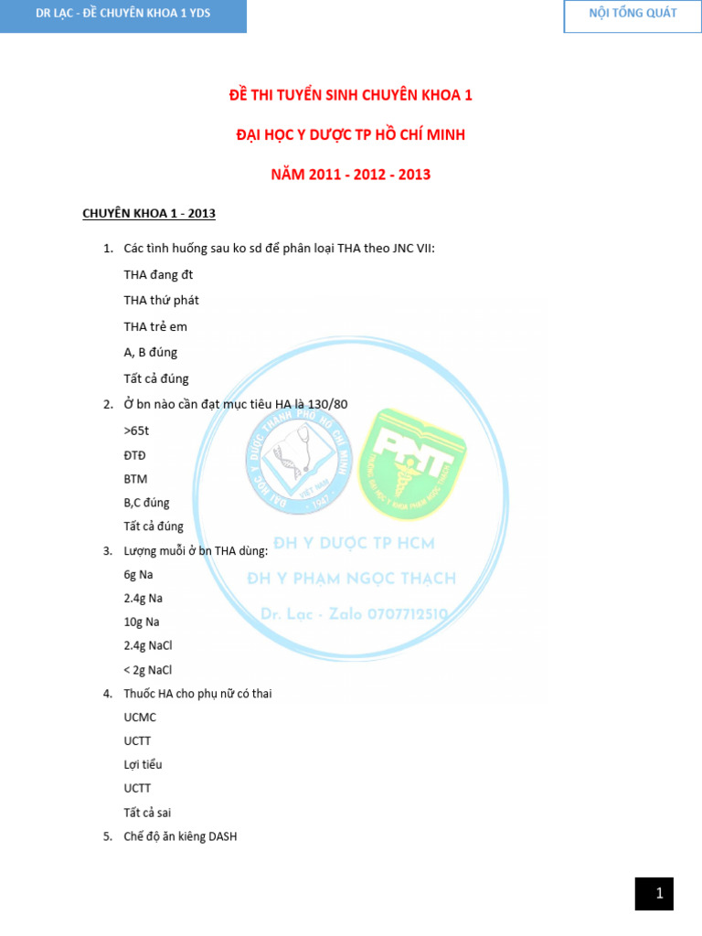 Đề CK1 Nội - YDS 2011 - 2012 - 2013 | PDF