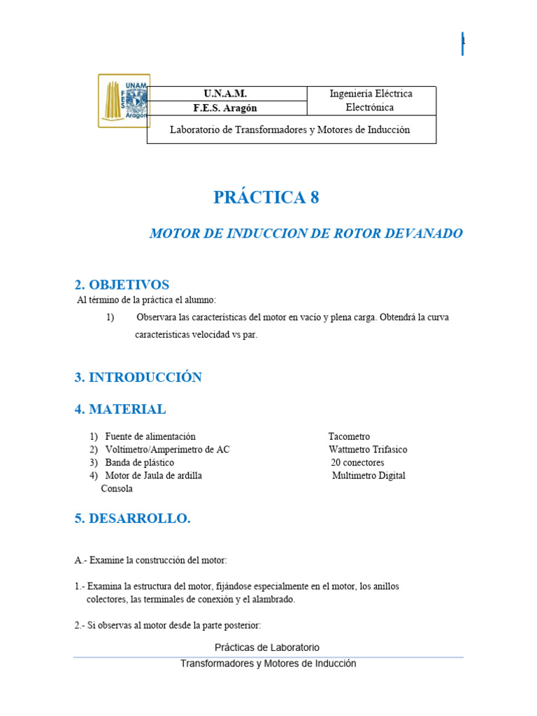 Practica 8 Motor de Rotor Devanado 2025-1 2 | PDF | Motor eléctrico ...