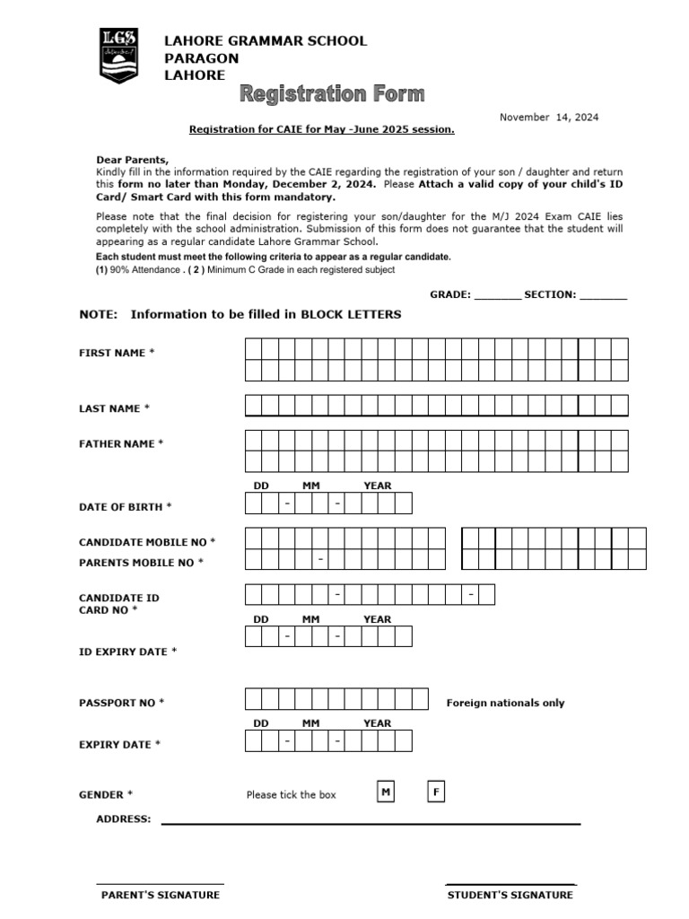 Registration Form For GCE O'Level 2025 - 241114 - 104234 | PDF