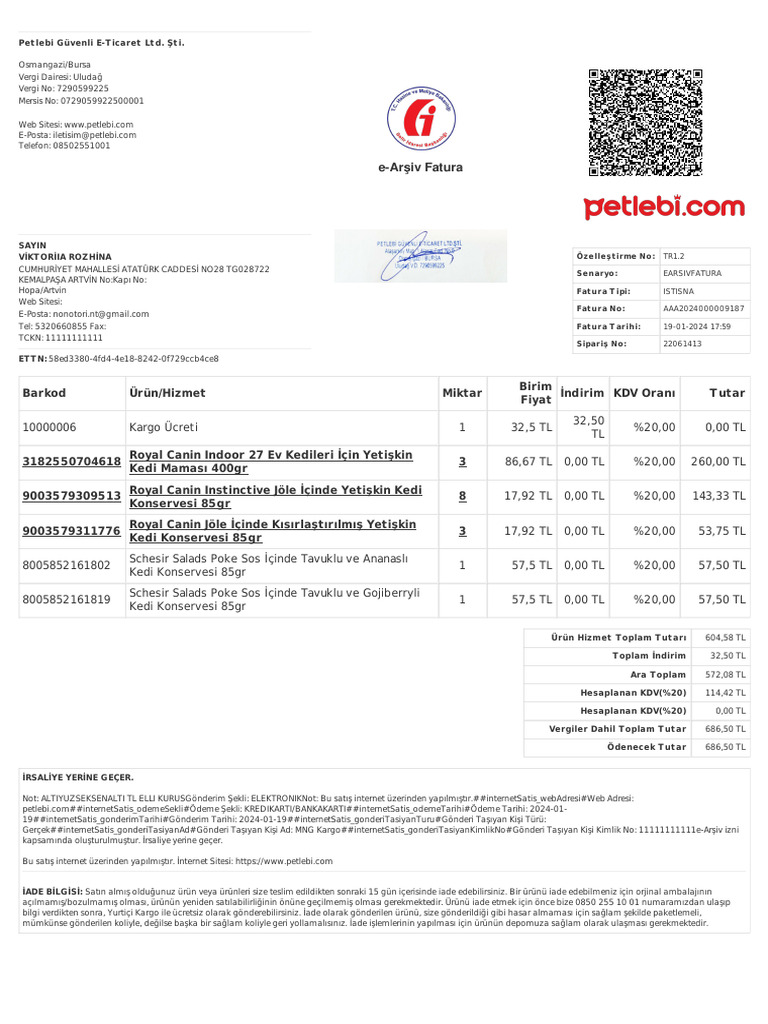 E-Arşiv Fatura: Öz e Lle ŞT Irme No: TR1.2 Se Naryo: Fat Ura T Ipi: Fat Ura No: Fat Ura T Arihi ...