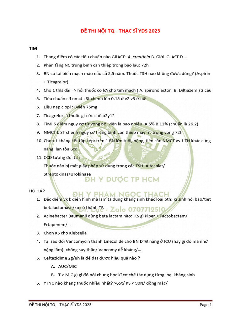 Đề Nội - TH.S YDS 2023 | PDF