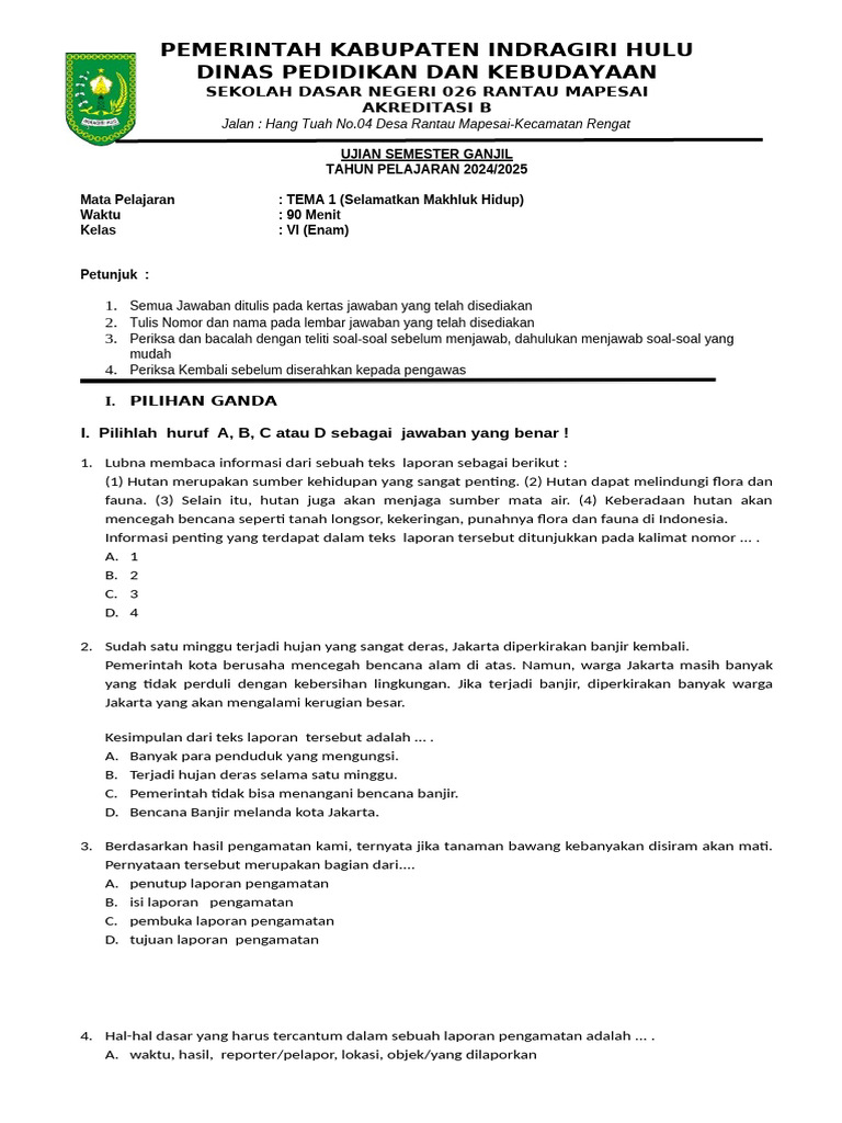 Soal Pas Kelas 6 Tema 1 | PDF