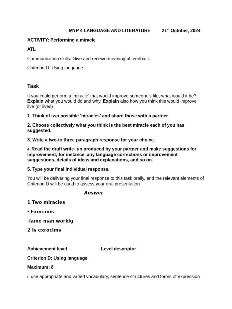 Myp 4 Language and Literature-Miracle Worker | PDF | Communication | Syntax