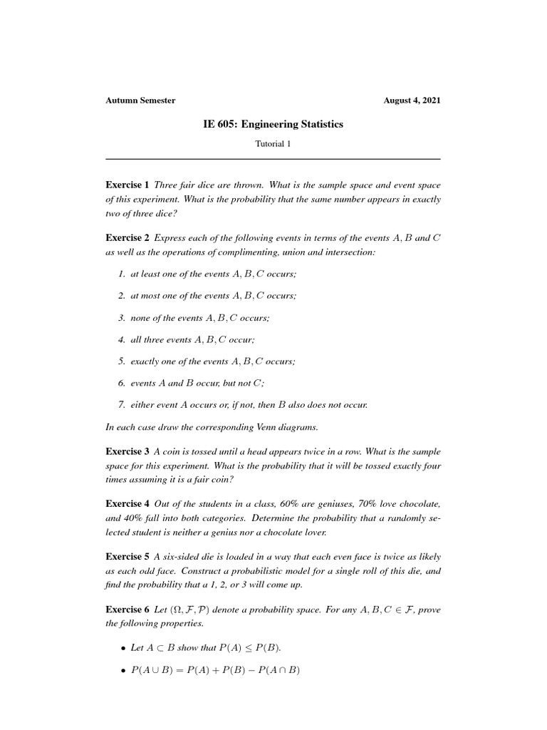 IE 605 - Aug2021 - Tutorial 1 | PDF | Probability Theory | Mathematical ...