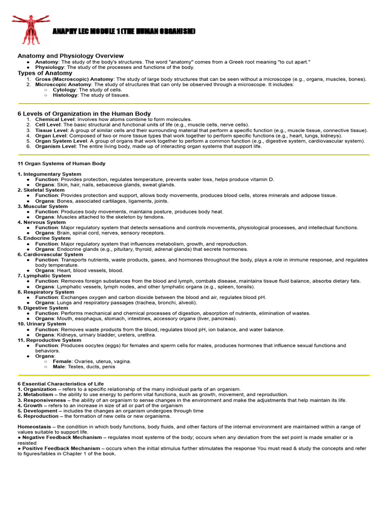Anaphy Lec Module 1 (The Human Organism) | PDF | Human Body ...