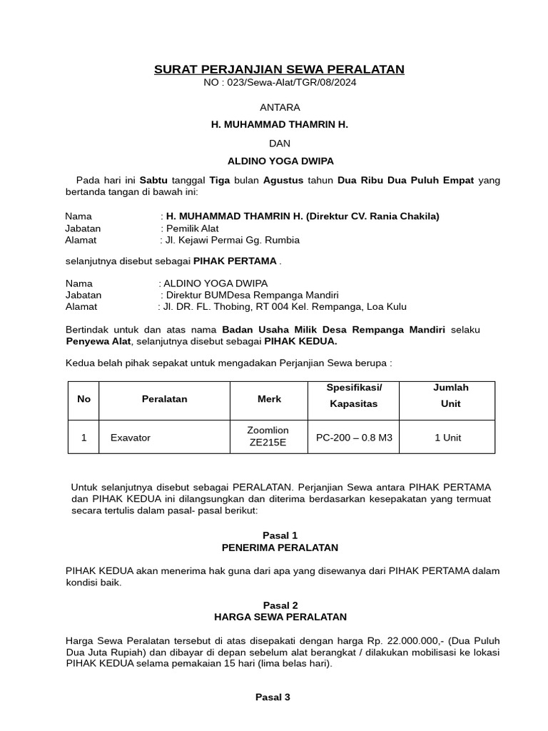 Surat Perjanjian Sewa Alat 2024 | PDF