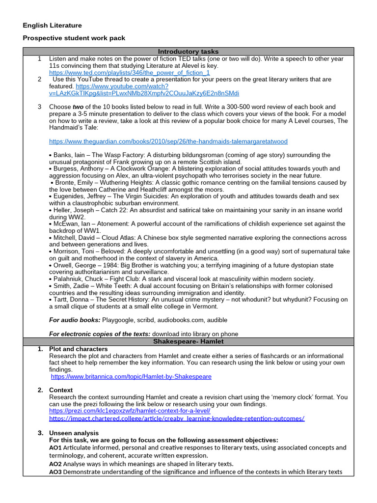 A Level Literature Study Guide | PDF | Hamlet | Wuthering Heights