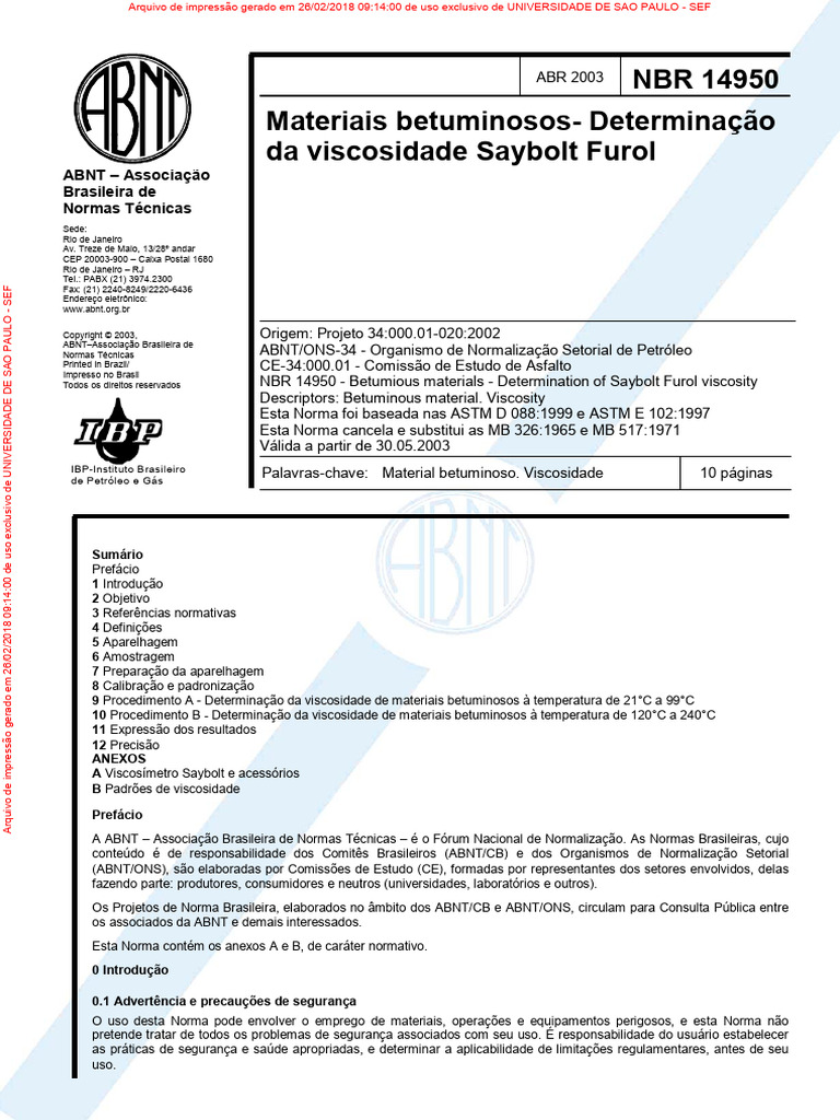 ABNT 14950 - Viscosidade Saybolt-Furol | PDF | Temperatura | Termômetro