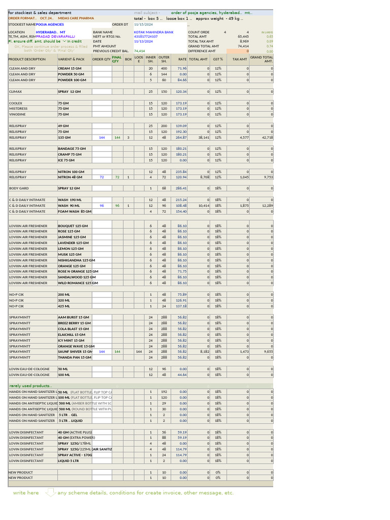 GST Order Format - Pooja Agencies Hyderabad Tl.. MT - OCT.24 | PDF | Disinfectant | Microbiology