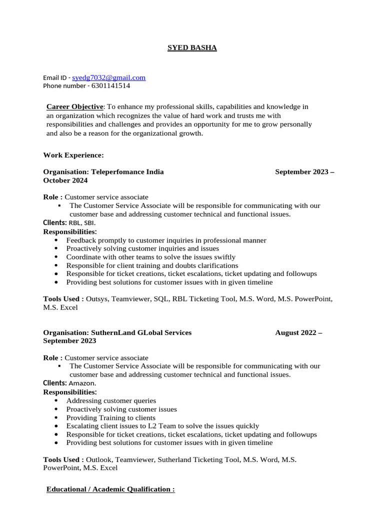 Syed Basha Resume | PDF