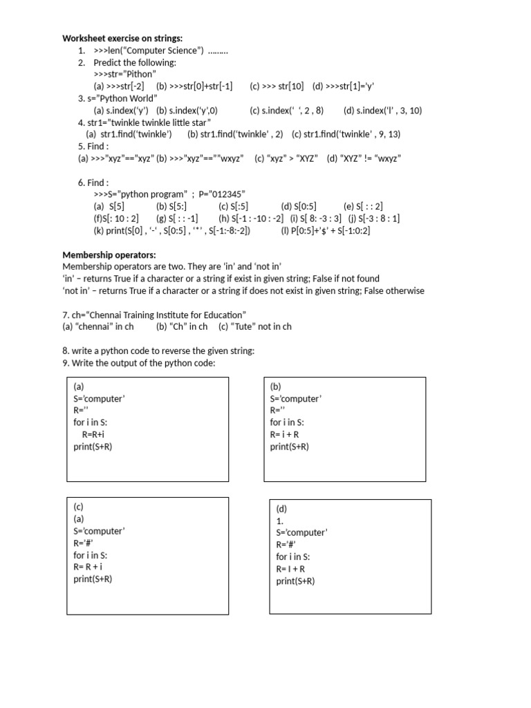 Worksheet Exercise On Strings | PDF