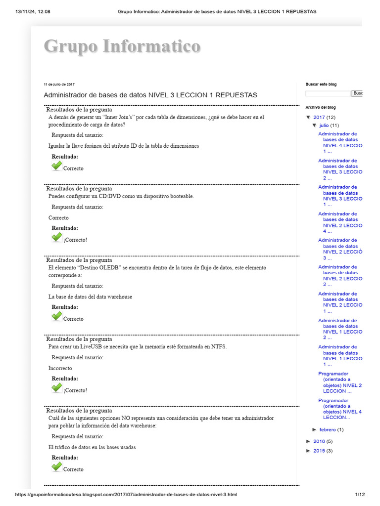 Administrador de Bases de Datos NIVEL 3 LECCION 1 REPUESTAS | PDF | Almacén de datos | SQL