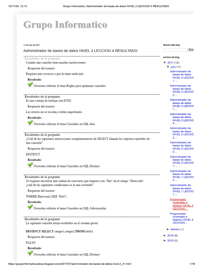 Administrador de Bases de Datos NIVEL 2 LECCION 4 RESULTADO | PDF | Bases de datos | Usuario ...
