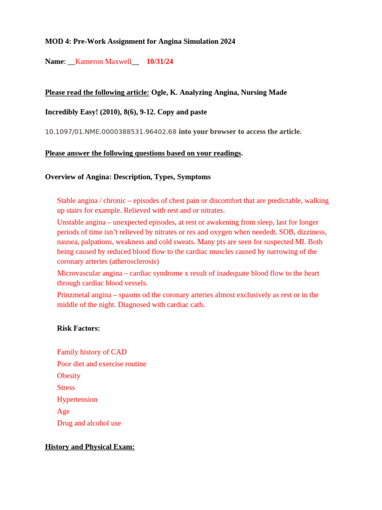 Angina Pre-Work | PDF | Heart | Myocardial Infarction