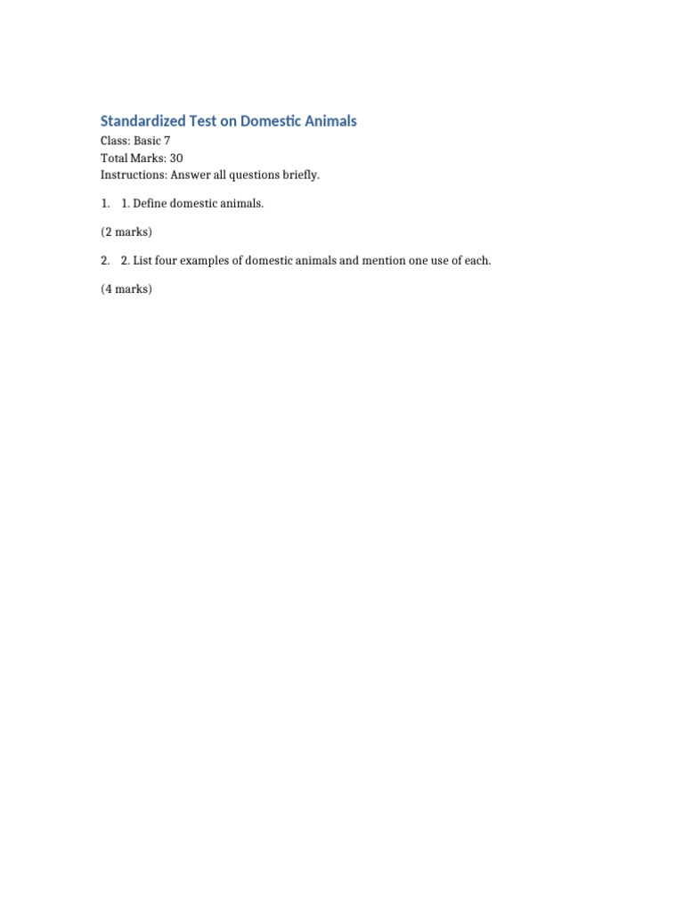 Standardized Test on Domestic Animals | PDF