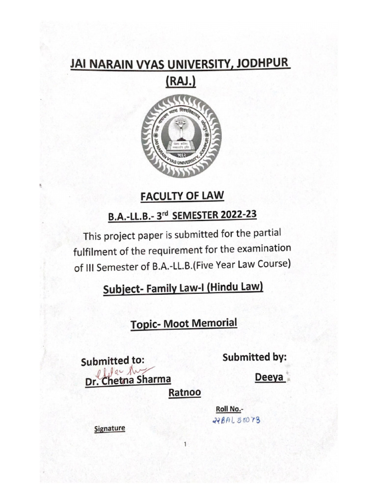 Deeya Ratnoo (3 RD Semester Hindu Law Project) | PDF