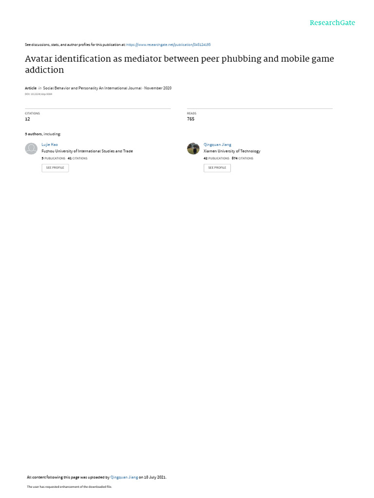 Avatar Identification As Mediator Between Peer Phubbing and Mobile Game ...