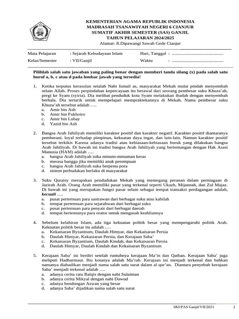 Soal SKI SAS Ganjil Kelas VII 2024 M6C - EJ | PDF