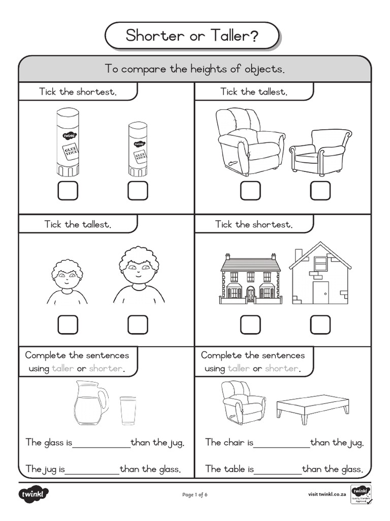 In 3 BAN Grade 1 Maths - Length - Shorter and Taller Activity Sheets BW ...