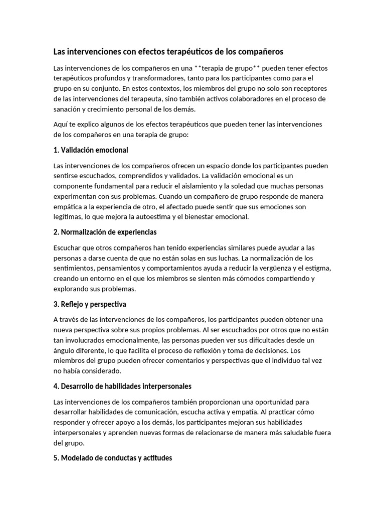 Efectos terapéuticos de intervenciones grupales | PDF | Psicoterapia ...