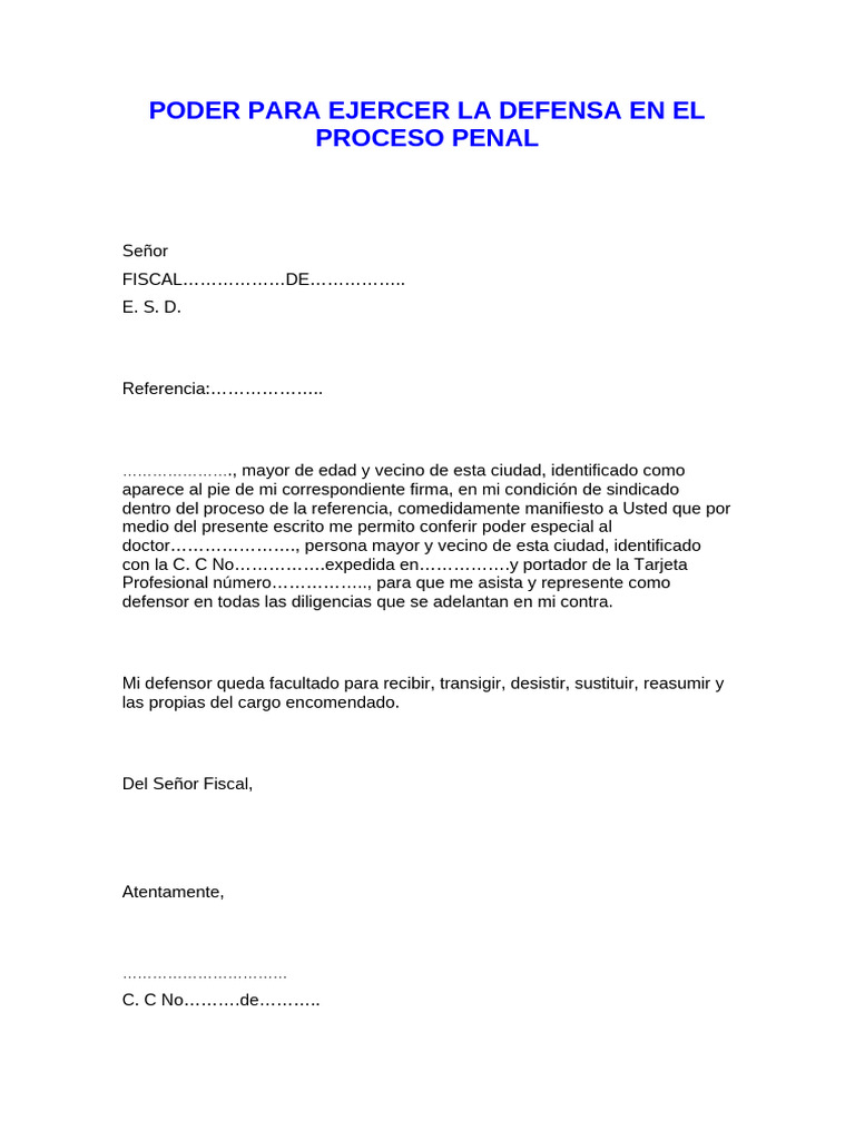 Poder para Ejercer La Defensa en El Proceso Penal | PDF | Derecho