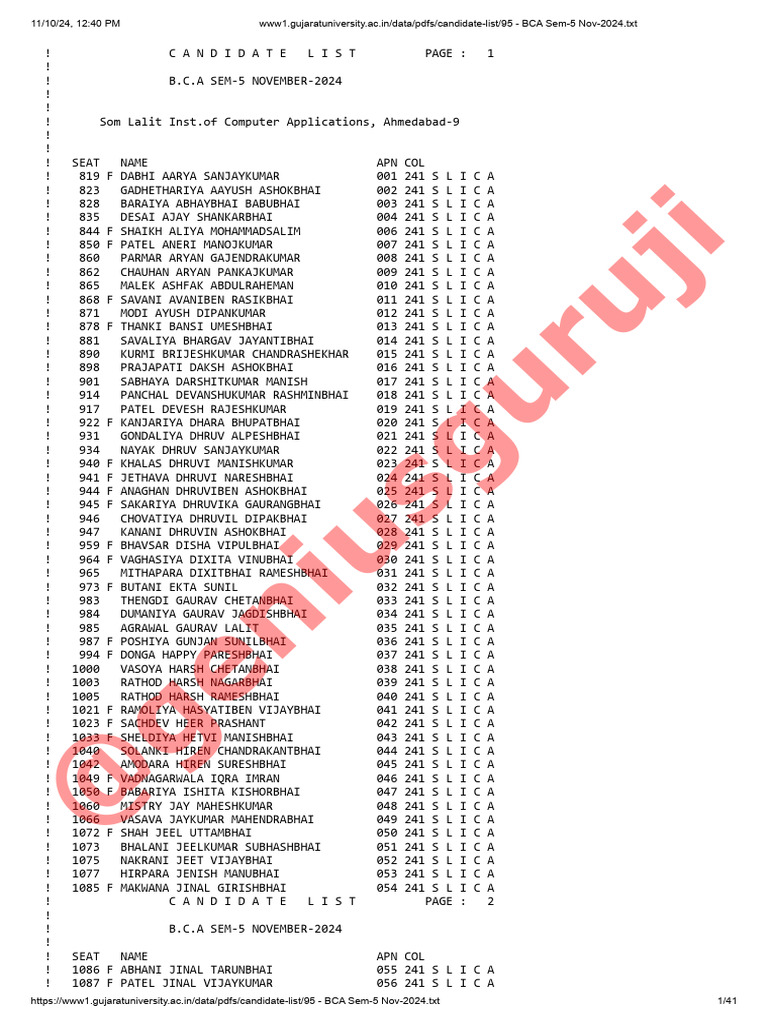 BCA Sem-5 Candidate List Nov 2024 | PDF