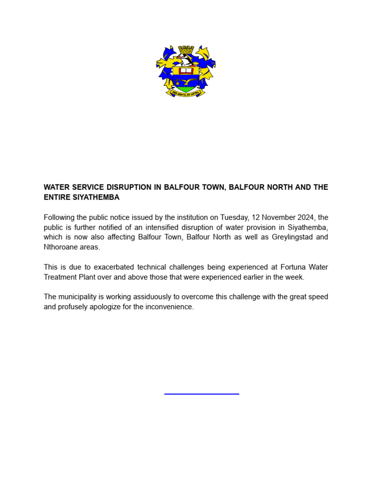 Notice of Water Disruption - Siyathemba - 15 November 2024 | PDF ...
