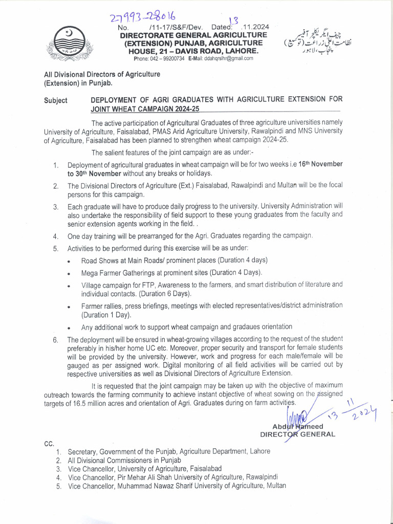 Deployment of Agri Graduates With Agriculture Extension For Joint Wheat ...