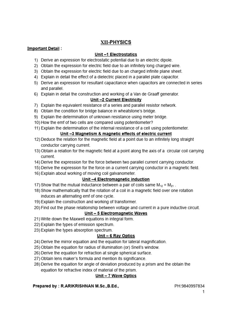 12th Physics Unit 1 To 10 Important Details English Medium PDF Download | PDF | Electromagnetic ...