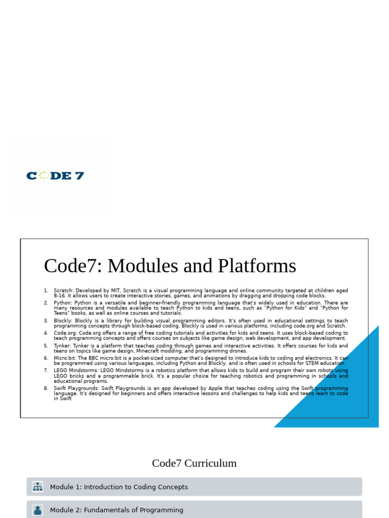 Code7 Curriculum and Platforms | PDF | Computer Programming | Augmented Reality