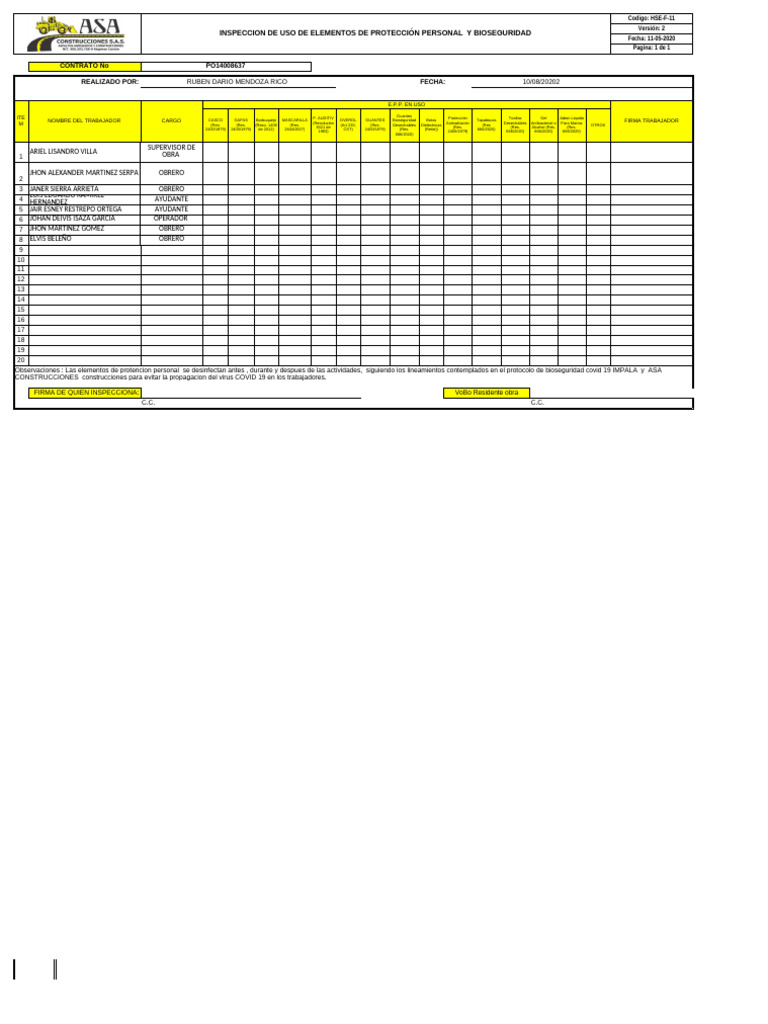 HSE-F-11. Inspeccion de Uso de EPP (V2) | PDF