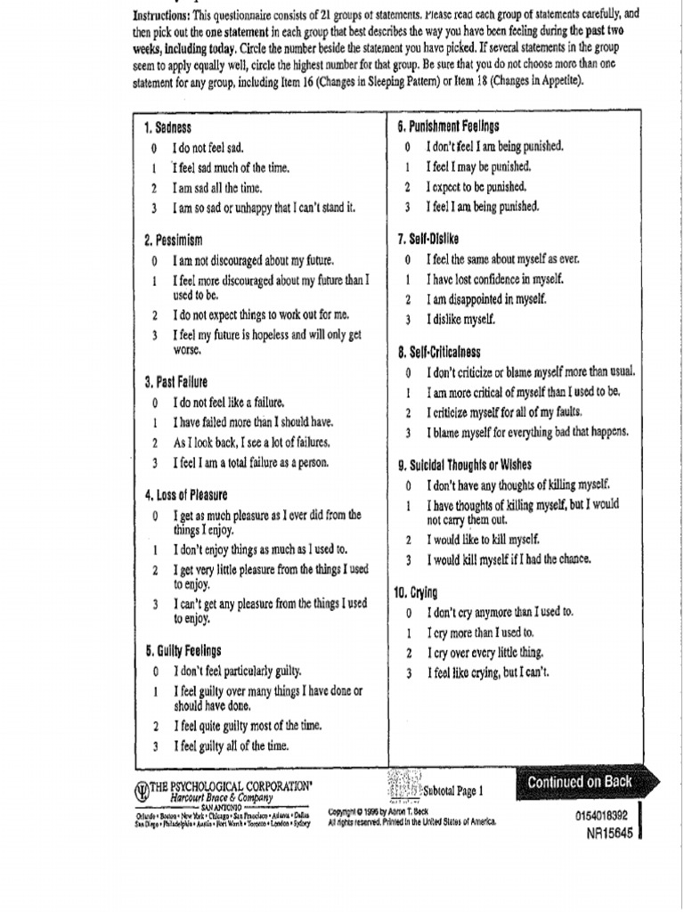 Questionnaire Becks Depression Inventory-2 | PDF