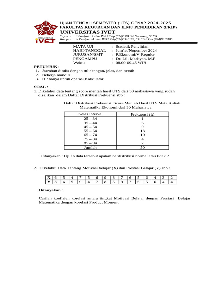 Soal UTS Statistik Penelitian-2024-2025 Rev | PDF