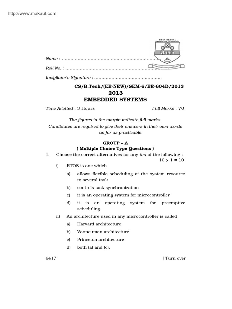 Embedded Systems Exam Paper 2013 | PDF | Embedded System | Scheduling ...