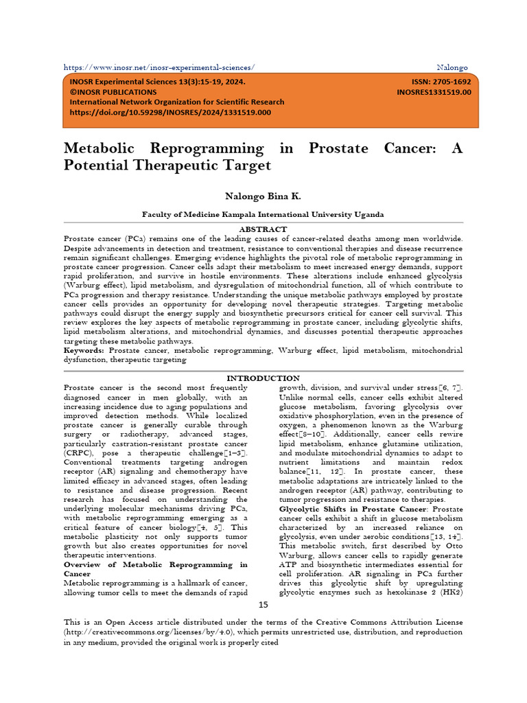 Metabolic Reprogramming in Prostate Cancer: A Potential Therapeutic ...